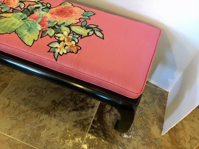 James Mont Style Asian Black Lacquered Bench with Silk Appliqué at 1stDibs