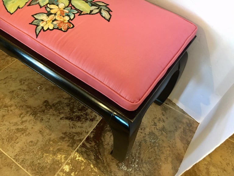 James Mont Style Asian Black Lacquered Bench with Silk Appliqué at 1stDibs