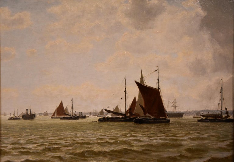 James Thomas Watts - Oil Painting by James Thomas Watts "A Busy Thames View" For Sale at 1stDibs