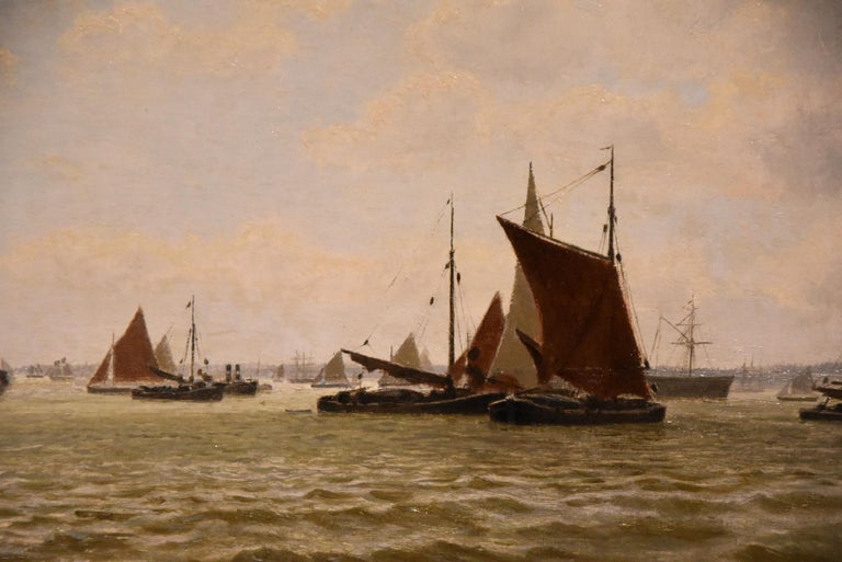 James Thomas Watts - Oil Painting by James Thomas Watts "A Busy Thames ...