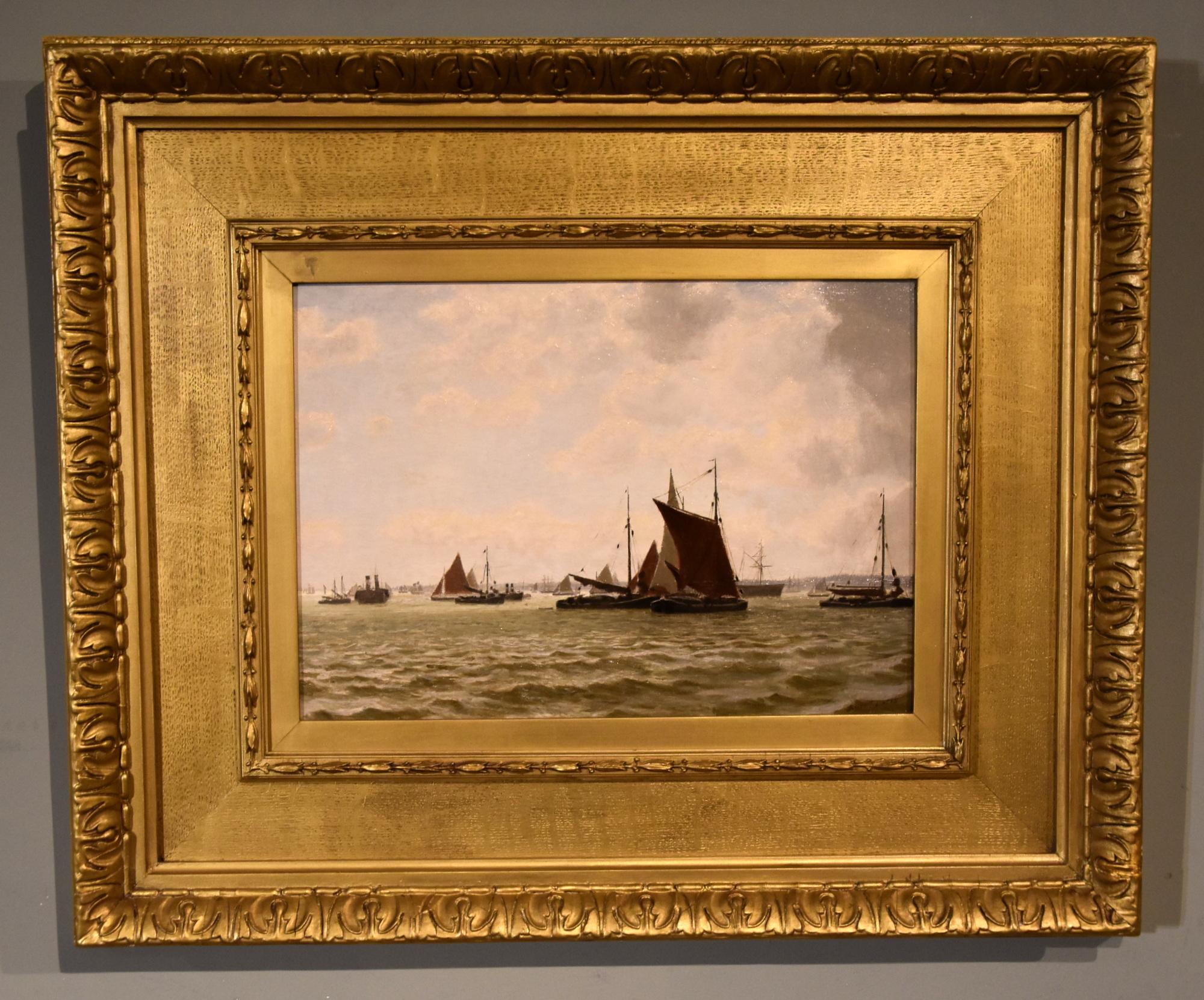 James Thomas Watts - Oil Painting by James Thomas Watts "A Busy Thames View" For Sale at 1stDibs
