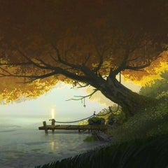 Digital Art Painting Vis Dev Animation 2D/3D Golden Tree Lake Magic ...