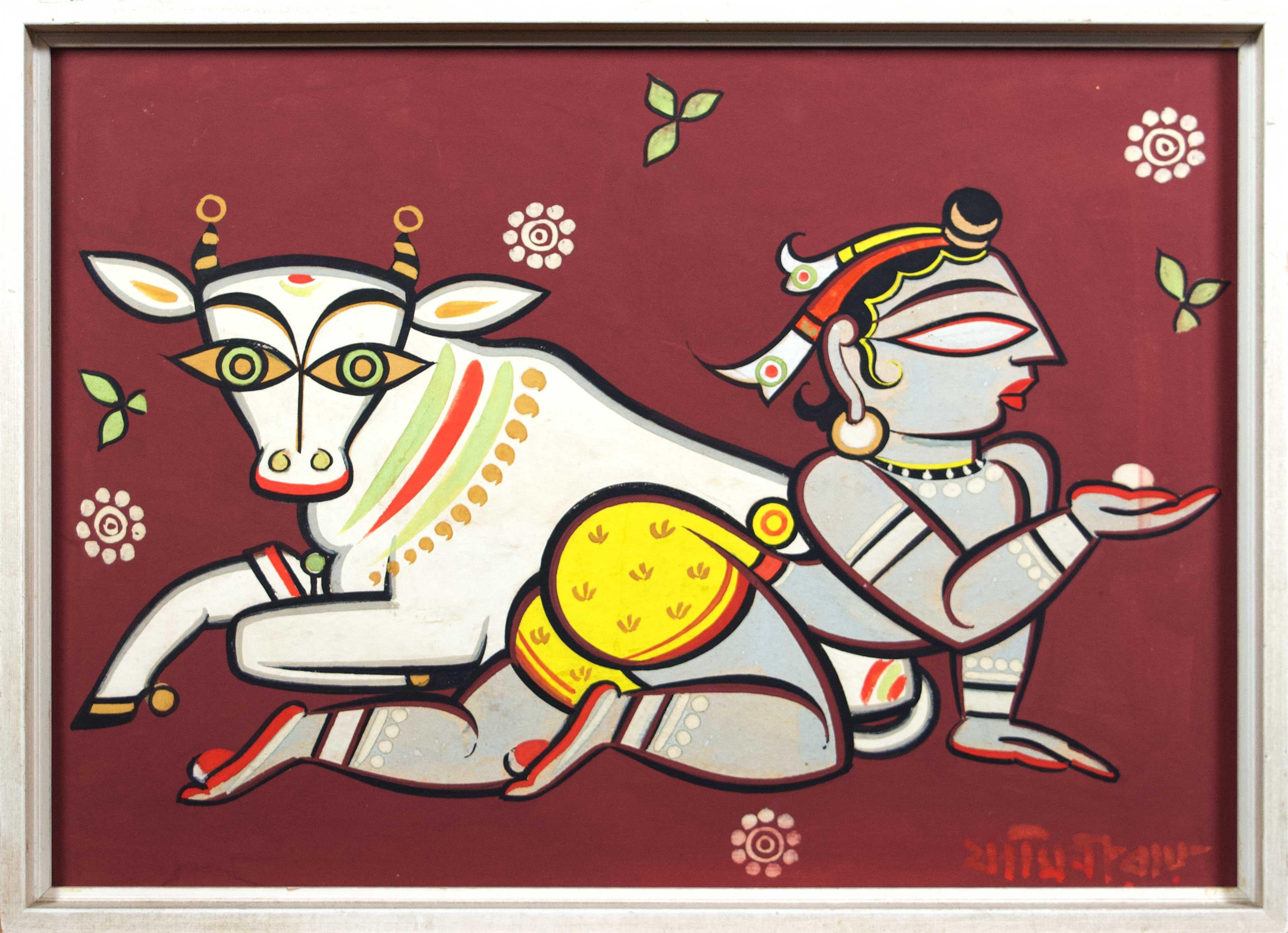 Jamini Roy - 'Krishna and Nanda' original painting on paper by Jamini ...