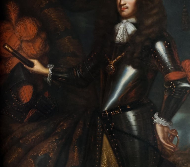 Portrait of King William III in Armour, a Battle in the Distance, oil ...