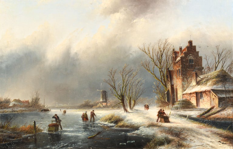 Jan Jacob Coenraad Spohler - Winter landscape with figures on and along ...