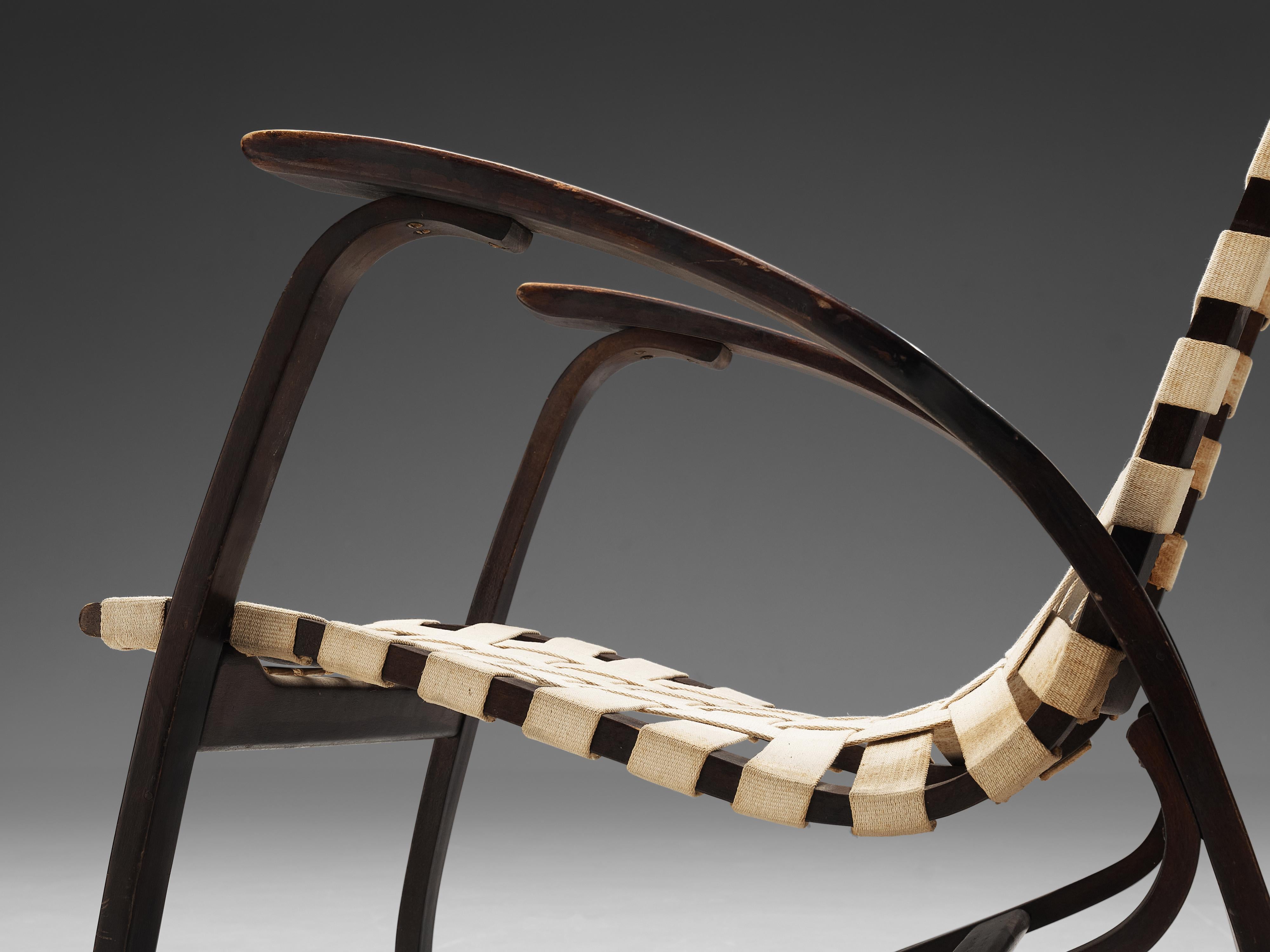 Jan Vanek Sculptural Lounge Chairs in Wood and Original Canvas Webbing ...