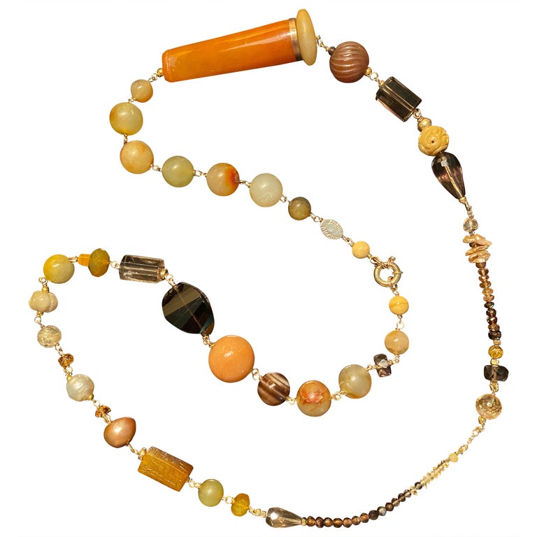 Jade Long Gemstone Statement Necklace in 18 Karat Gold For Sale at 1stDibs