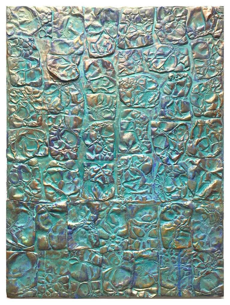 Jane Nodine - Patina appearing textural abstract with auqa and metallic ...