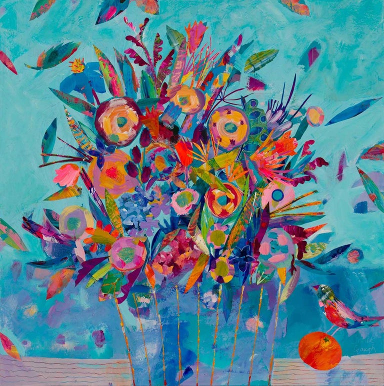 Janet Gough - Petit oiseau et orange - Supports mixtes colorés En vente ...