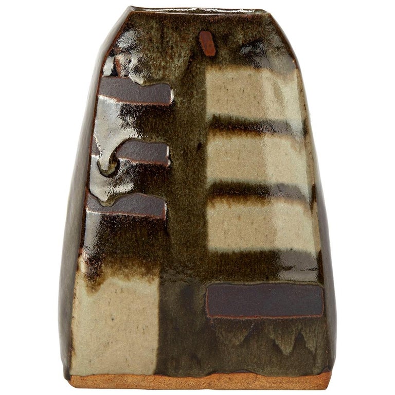 Janet Leach Studio Pottery Stoneware Khaki Green Glazed Large Slab Vase ...