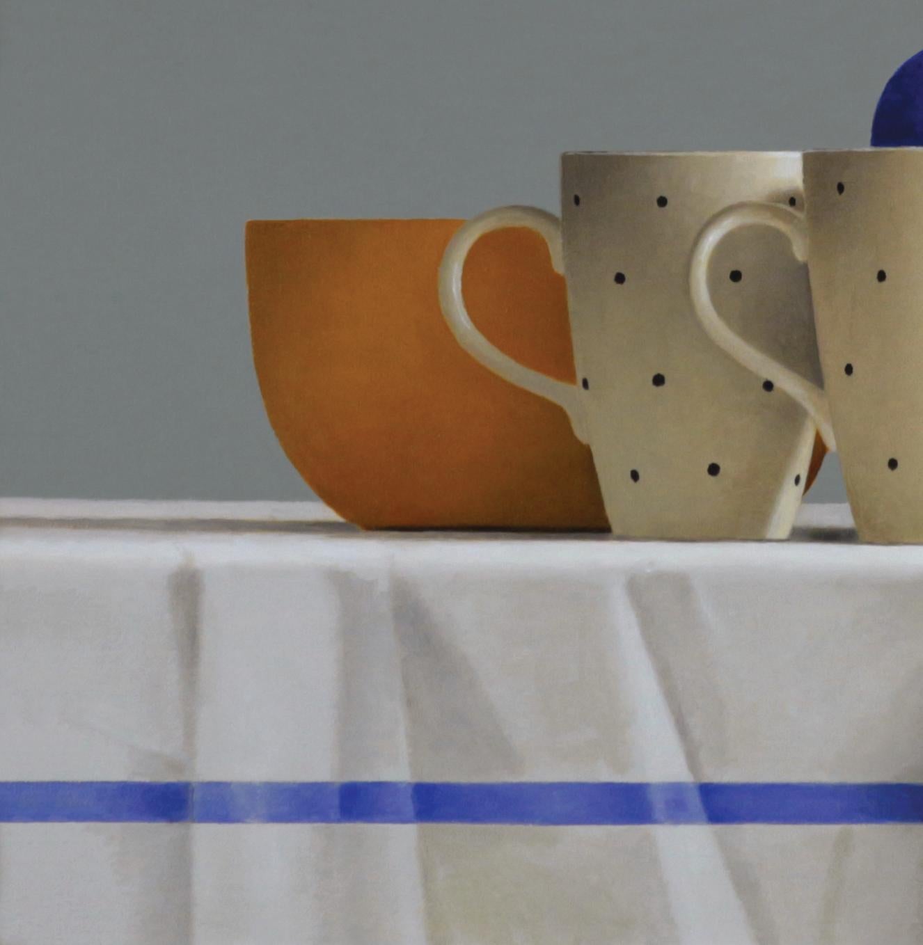 Janet Rickus - FOUR POLKA DOT CUPS, FRUIT, CUPS ON TABLE, BLUE, YELLOW ...