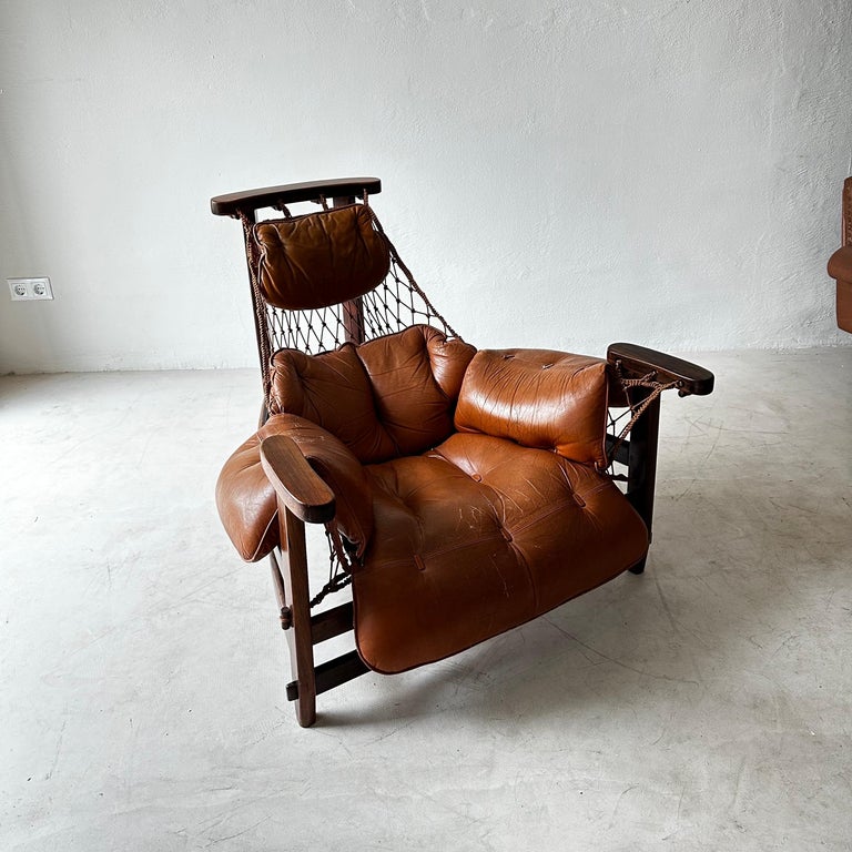 Jangada Chair in Patinated Cognac Leather by Wood Art Signed, Brazil ...