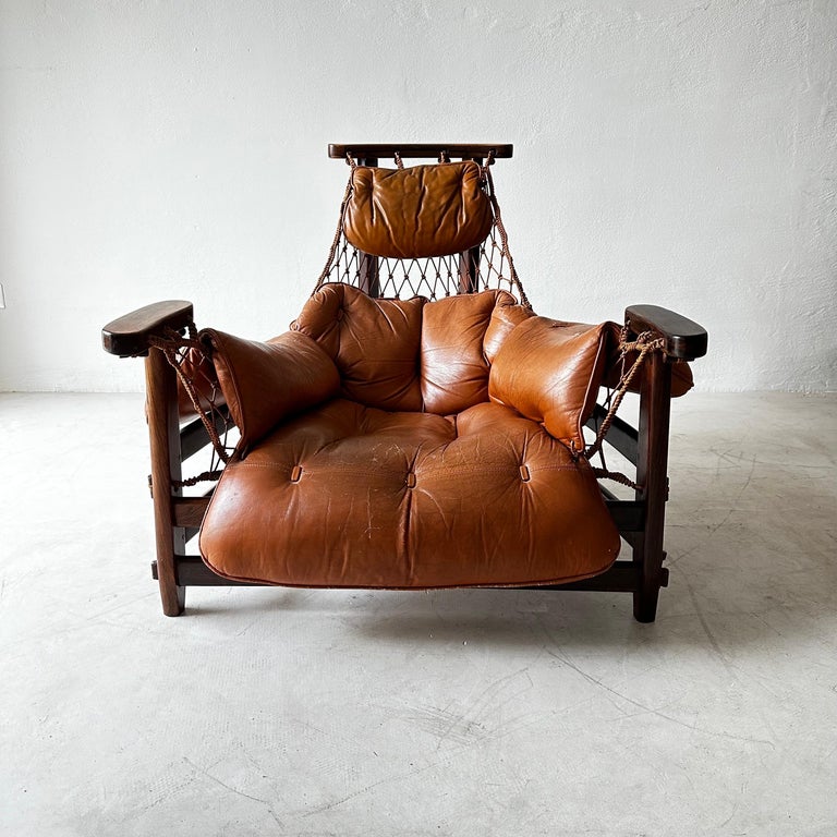 Jangada Chair in Patinated Cognac Leather by Wood Art Signed, Brazil ...