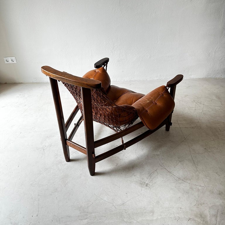 Jangada Chair in Patinated Cognac Leather by Wood Art Signed, Brazil ...