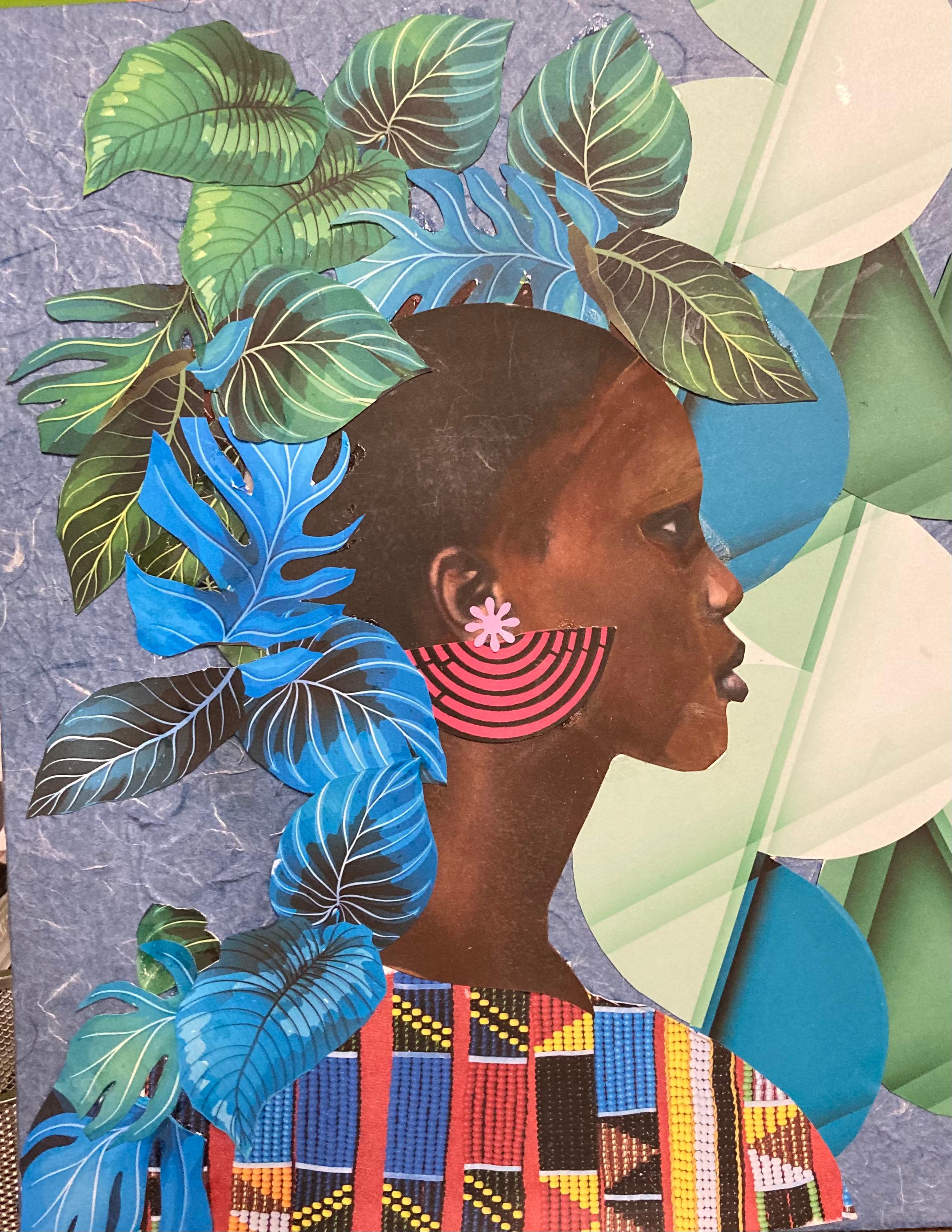 Janice Frame - "Culture Endures" mixed media portrait of an African woman with greens and blues ...