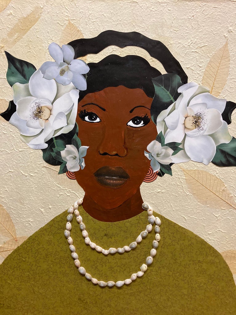 Janice Frame - "Magnolia 2" mixed media portrait of a Black woman with ...
