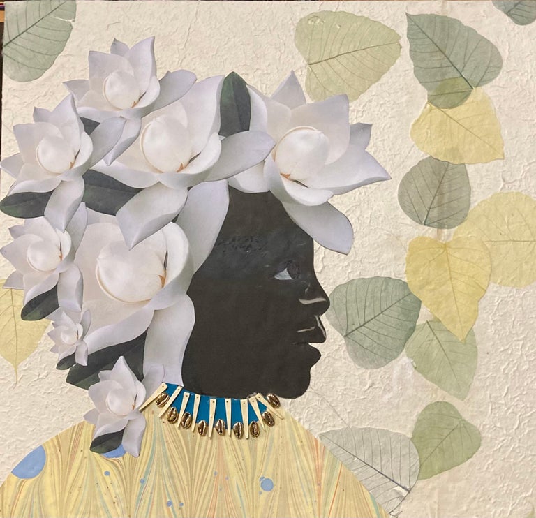 Janice Frame - "Magnolia 3" mixed media portrait of a black woman with ...