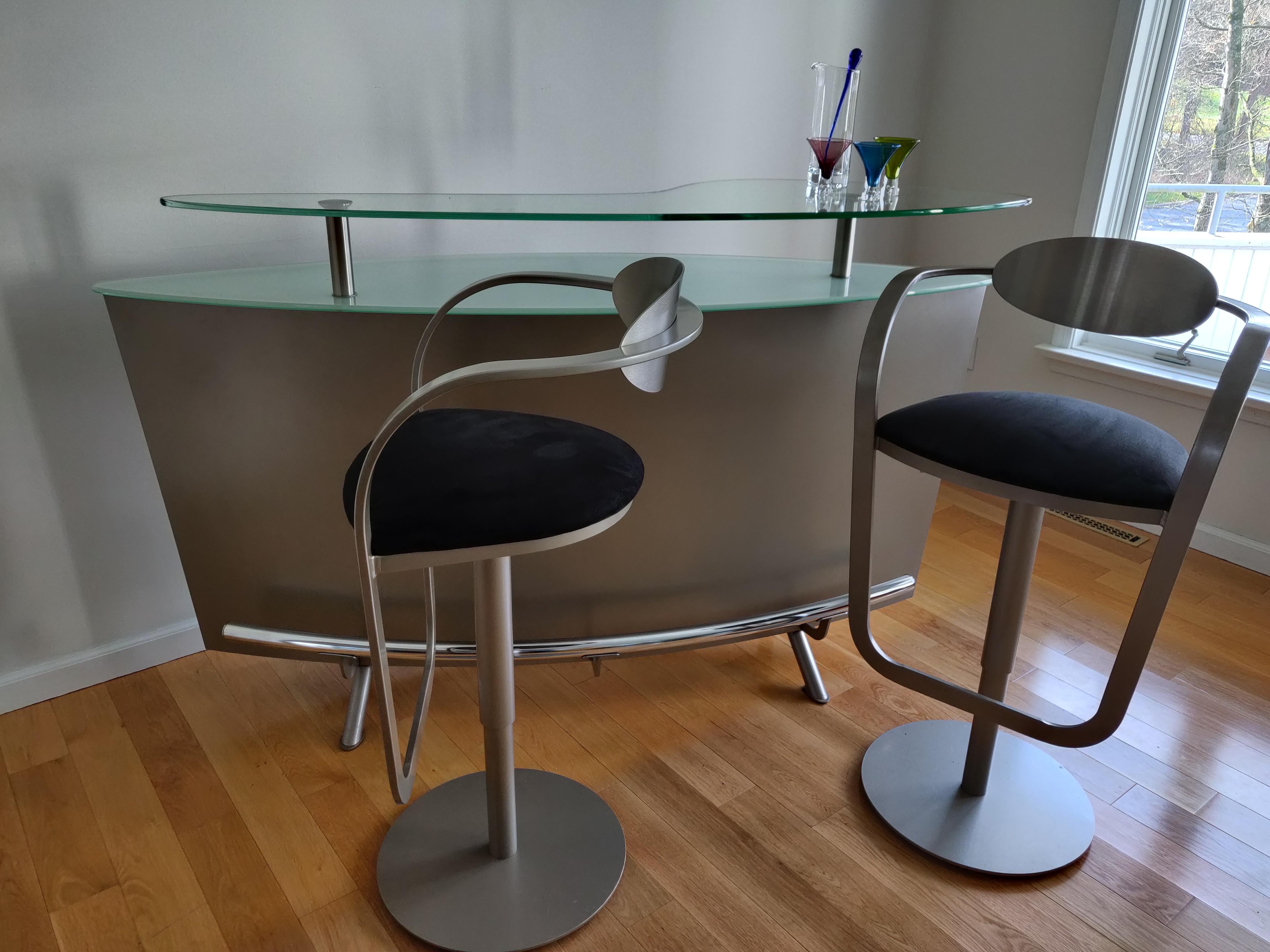 Jansen-Lewis Glass and Stainless Steel Martini Bar and Two Bar Stools ...