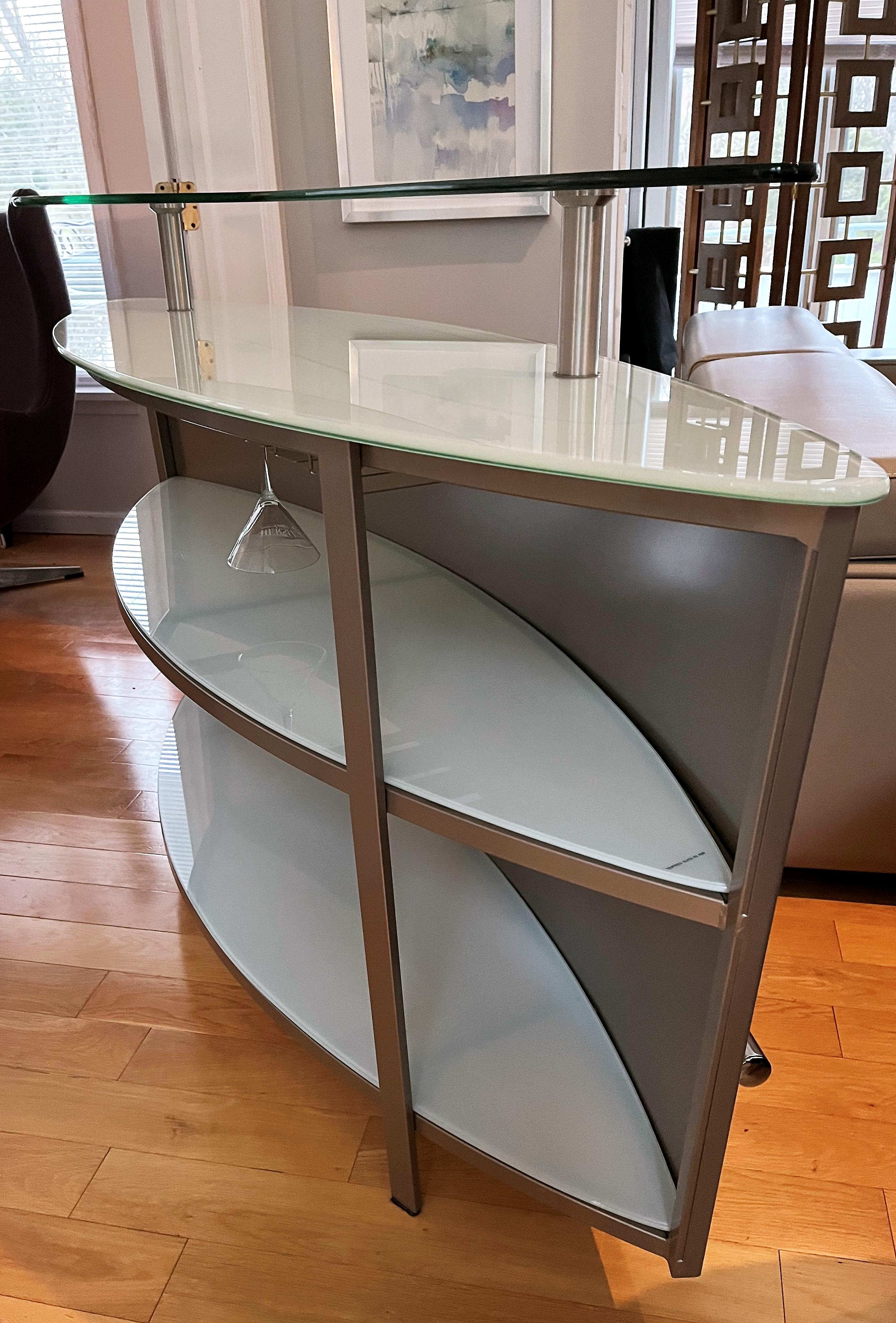 Jansen-Lewis Glass and Stainless Steel Martini Bar and Two Bar Stools ...