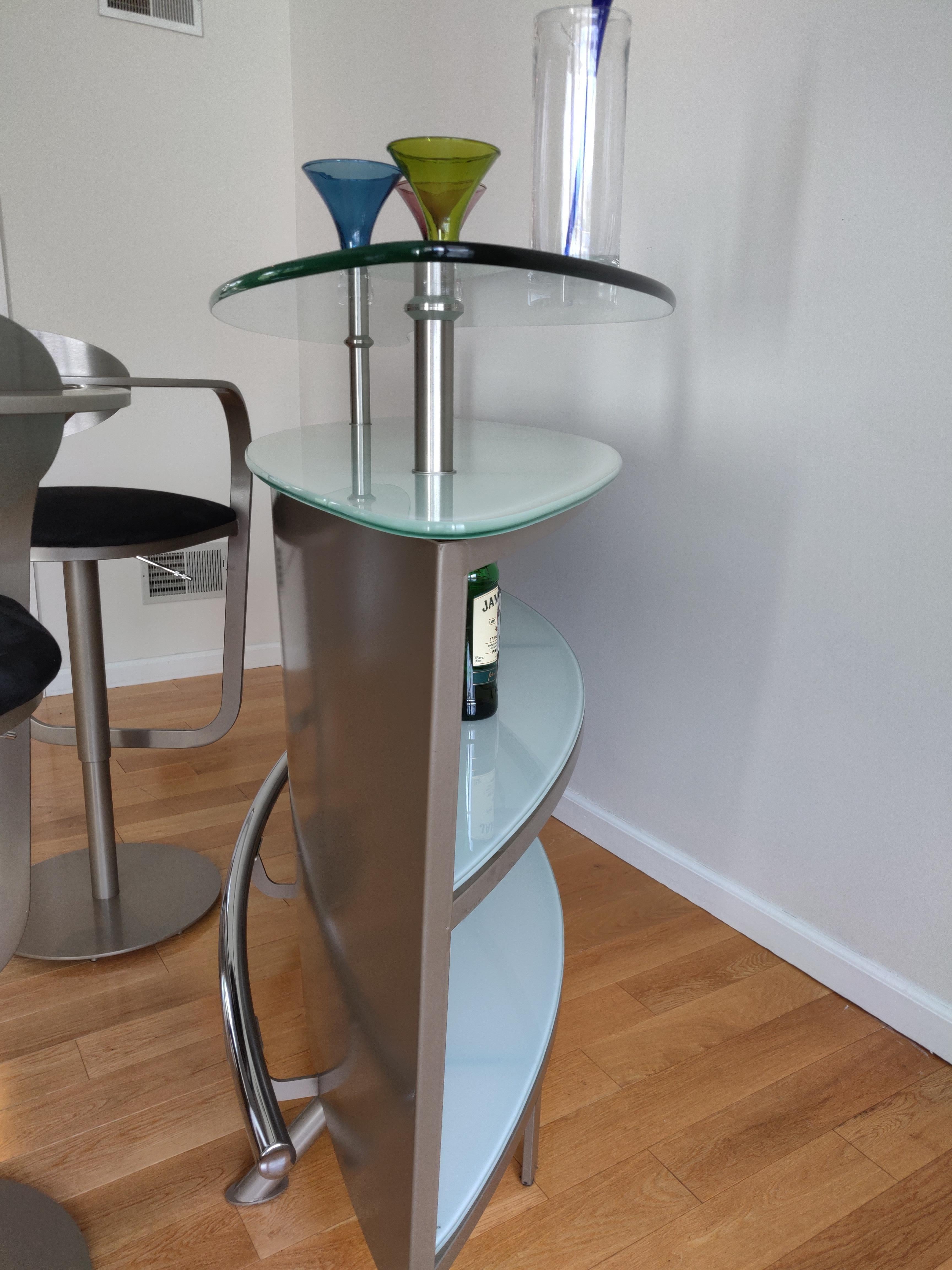 Jansen-Lewis Glass and Stainless Steel Martini Bar and Two Bar Stools ...