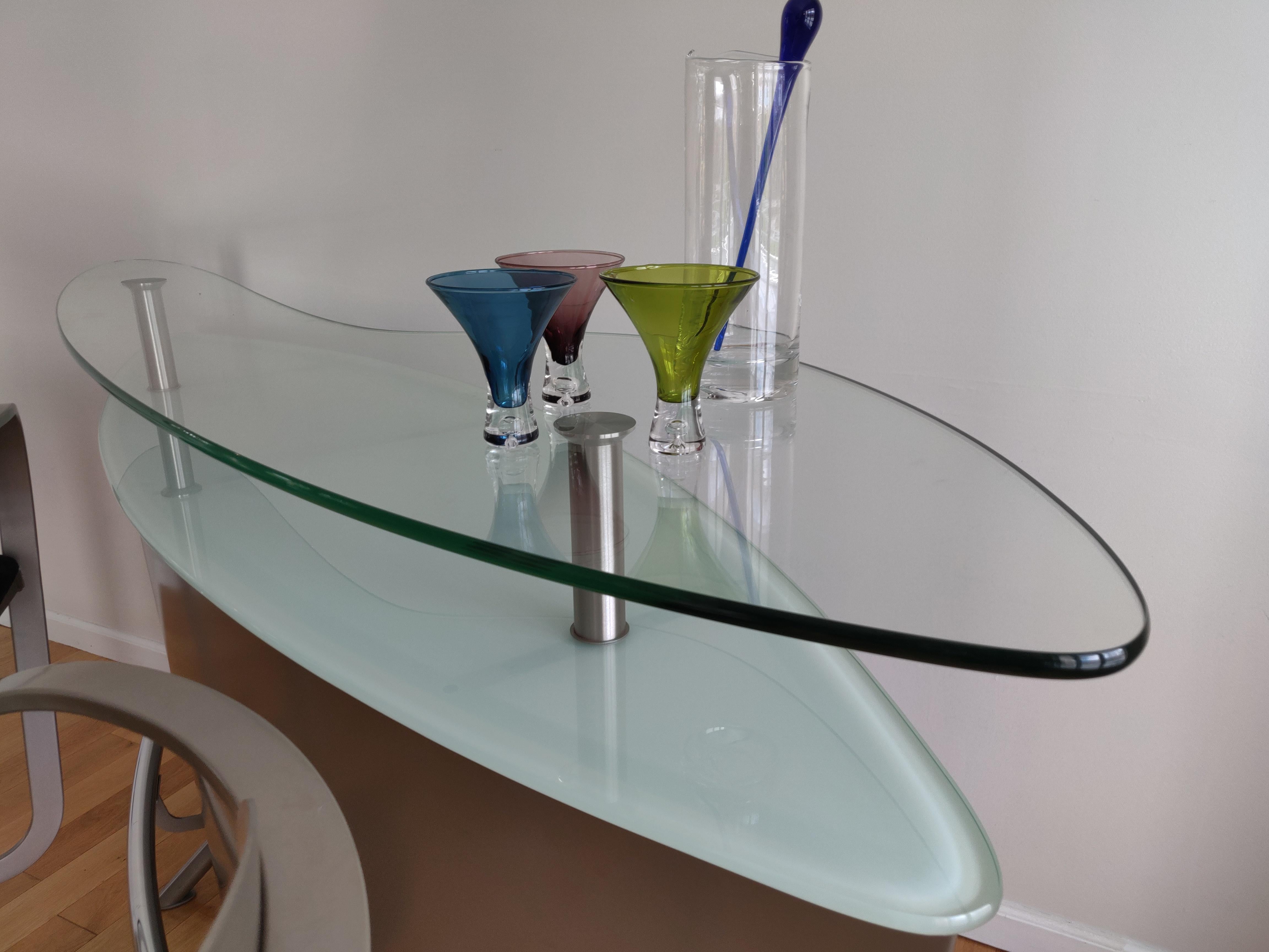 Jansen-Lewis Glass and Stainless Steel Martini Bar and Two Bar Stools ...