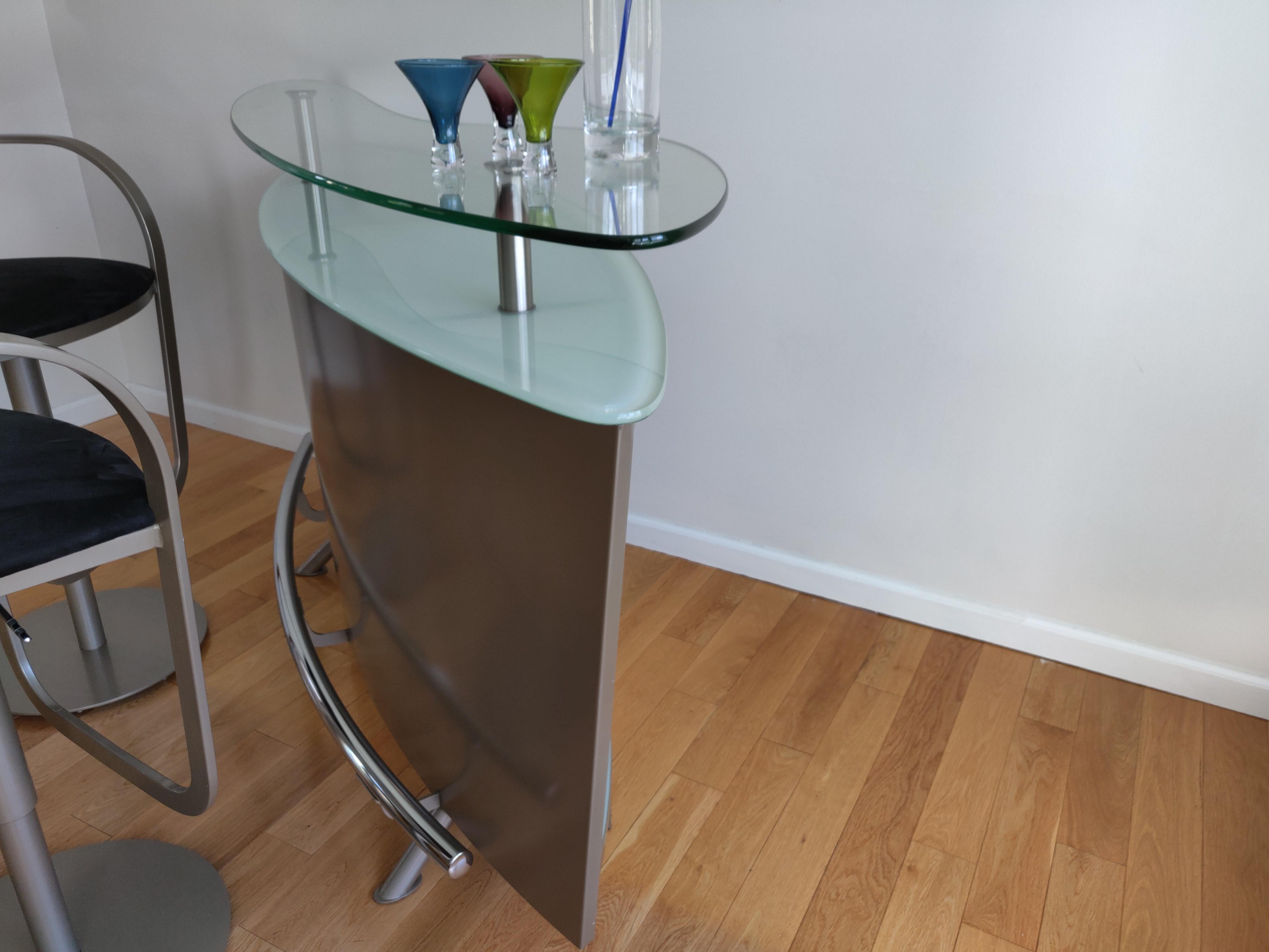 Jansen-Lewis Glass and Stainless Steel Martini Bar and Two Bar Stools ...