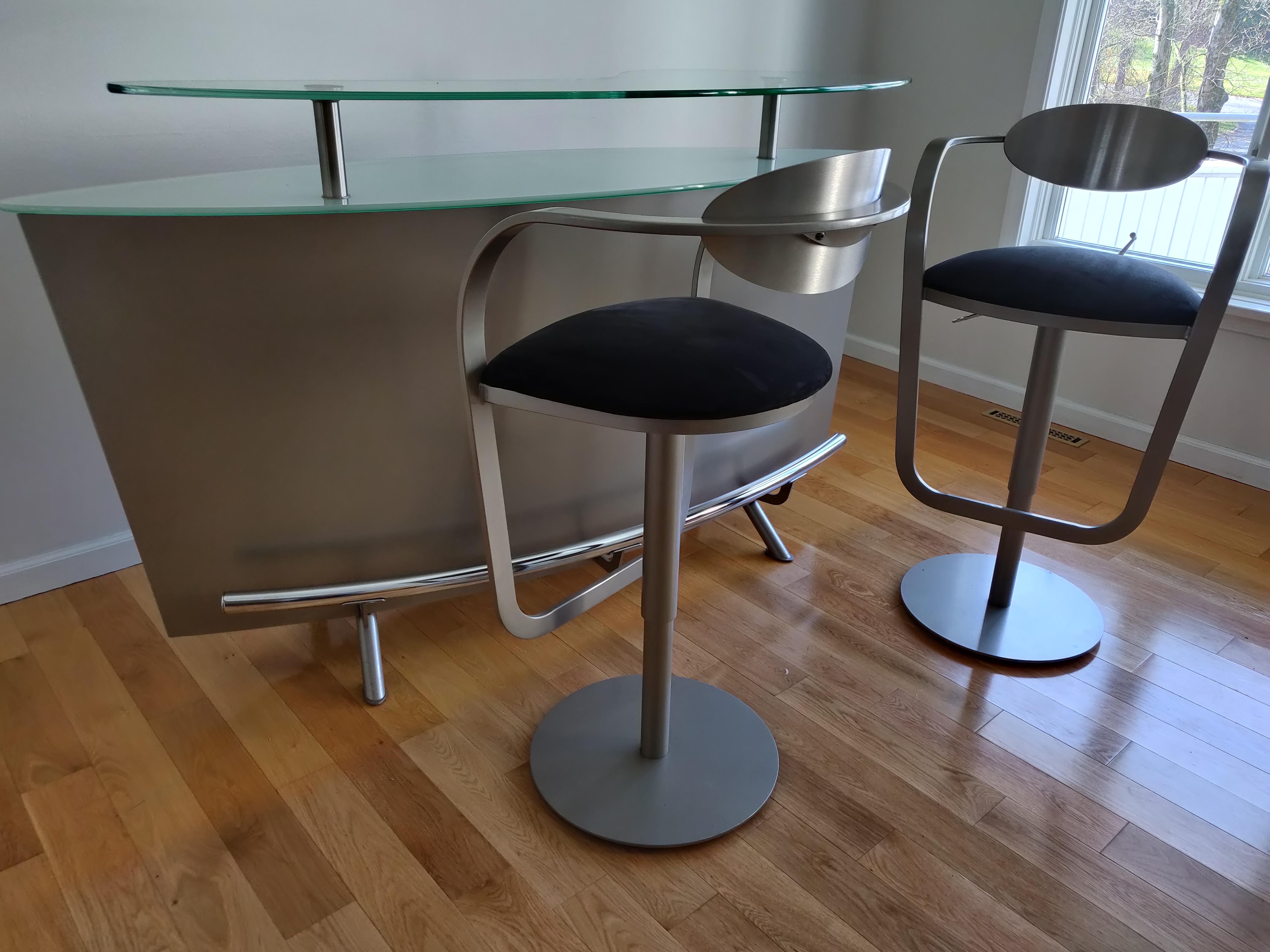 Jansen-Lewis Glass and Stainless Steel Martini Bar and Two Bar Stools ...