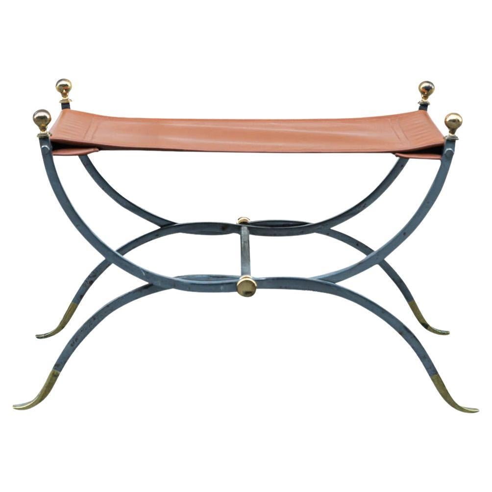 French 1950s Maison Jansen Style Metal Curule Stool with Swan Heads and ...
