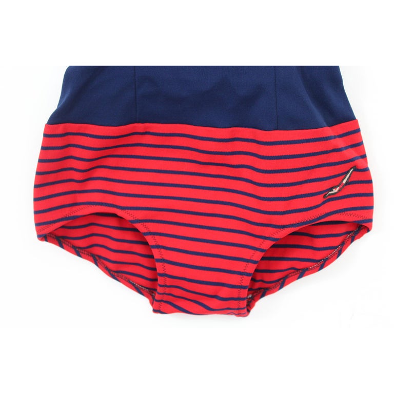 Jantzen Red Blue Pinstripe Elastic Beachwear Swimsuit 1960s at 1stDibs