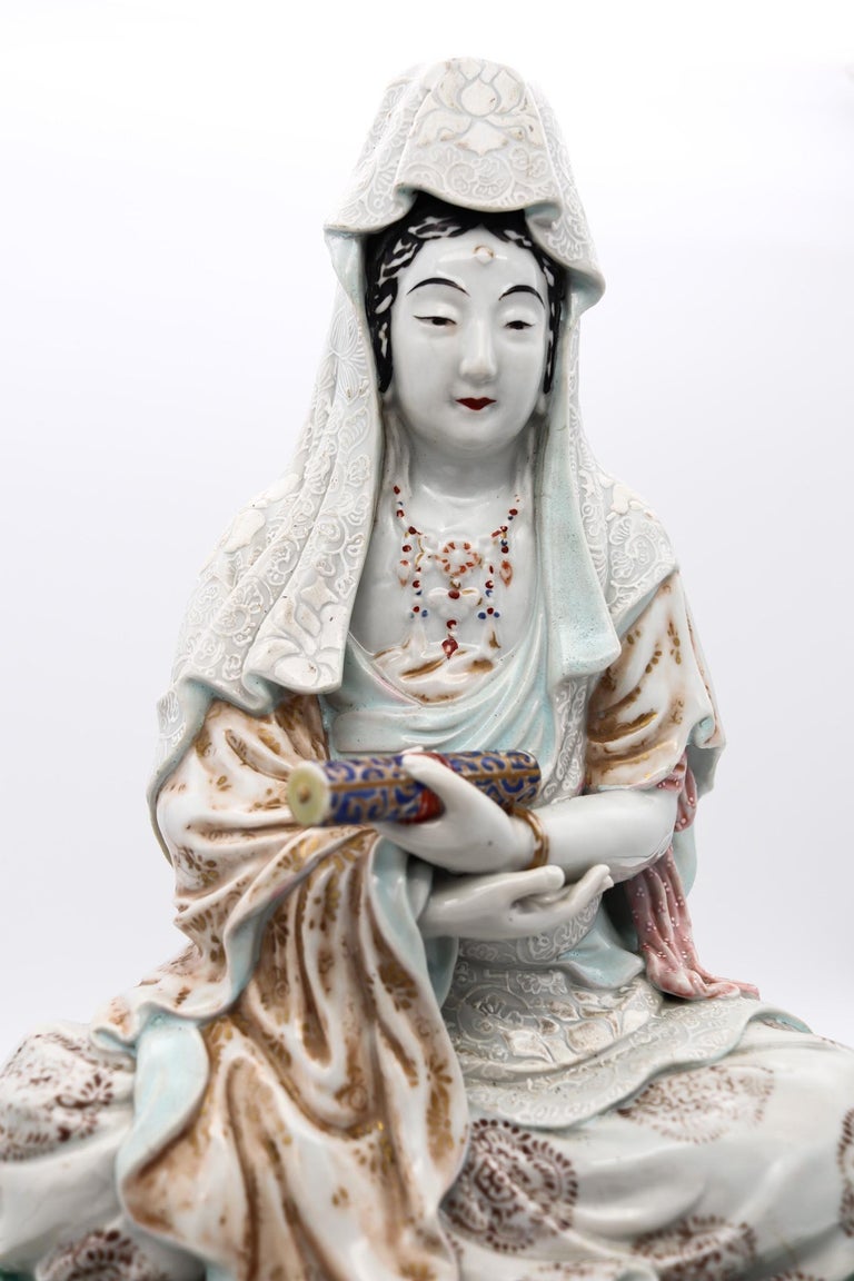 Japan 1890 Meiji Period Seated Figure of Quan Yin in Enamelled White ...