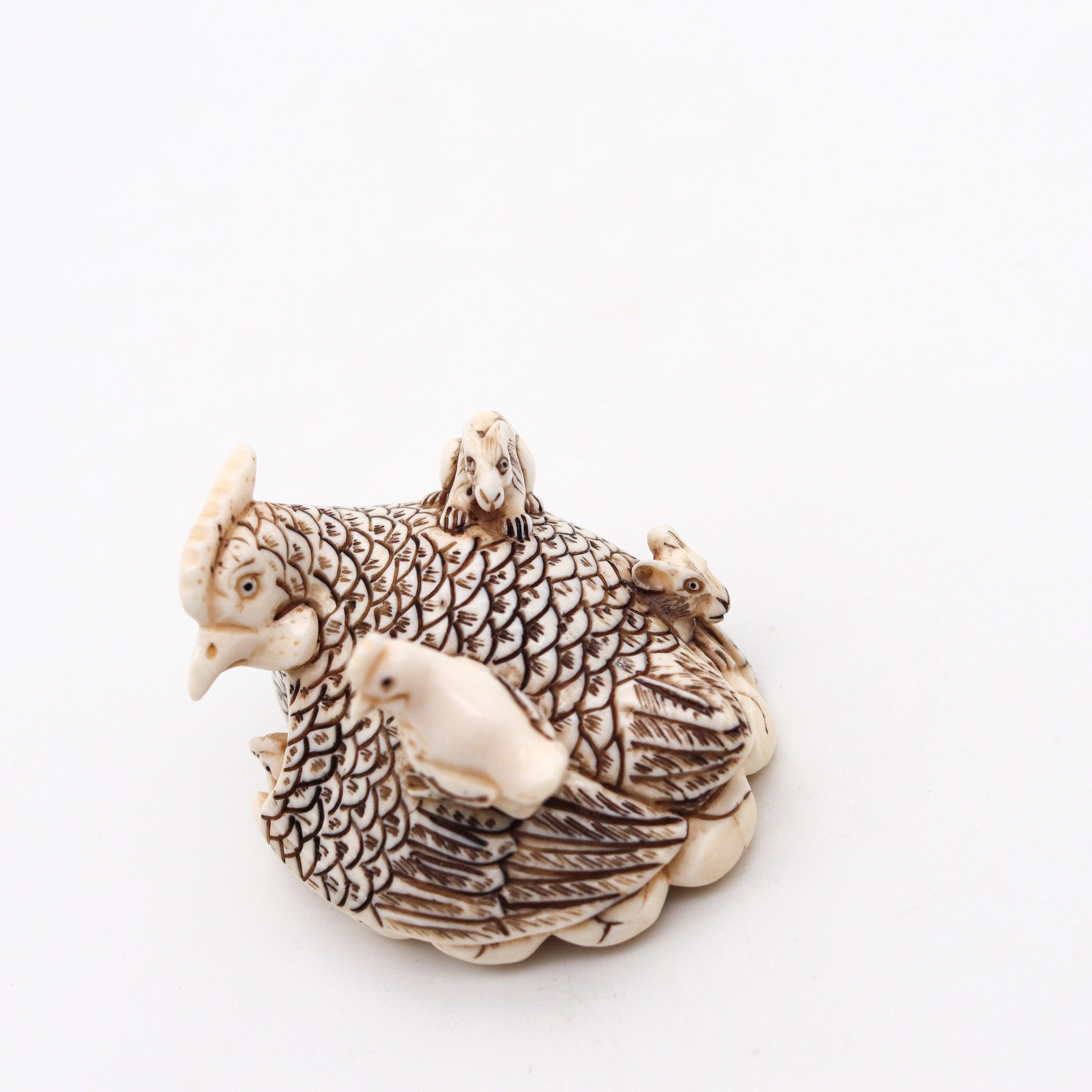 JAPAN 1900 Meiji Okimono Sculpture of Hen With Chicks Carved In Ivory ...