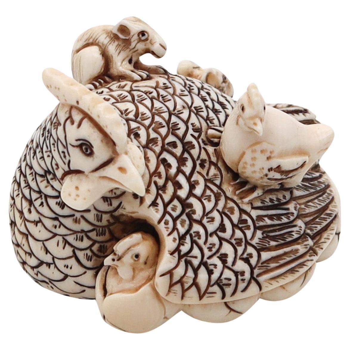 JAPAN 1900 Meiji Okimono Sculpture of Hen With Chicks Carved In Ivory ...