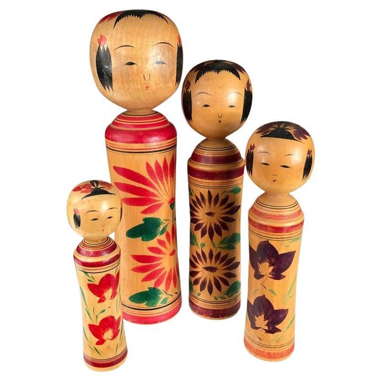 Japan Family Four Big Old Hand Painted Kokeshi Dolls, Signed For Sale ...