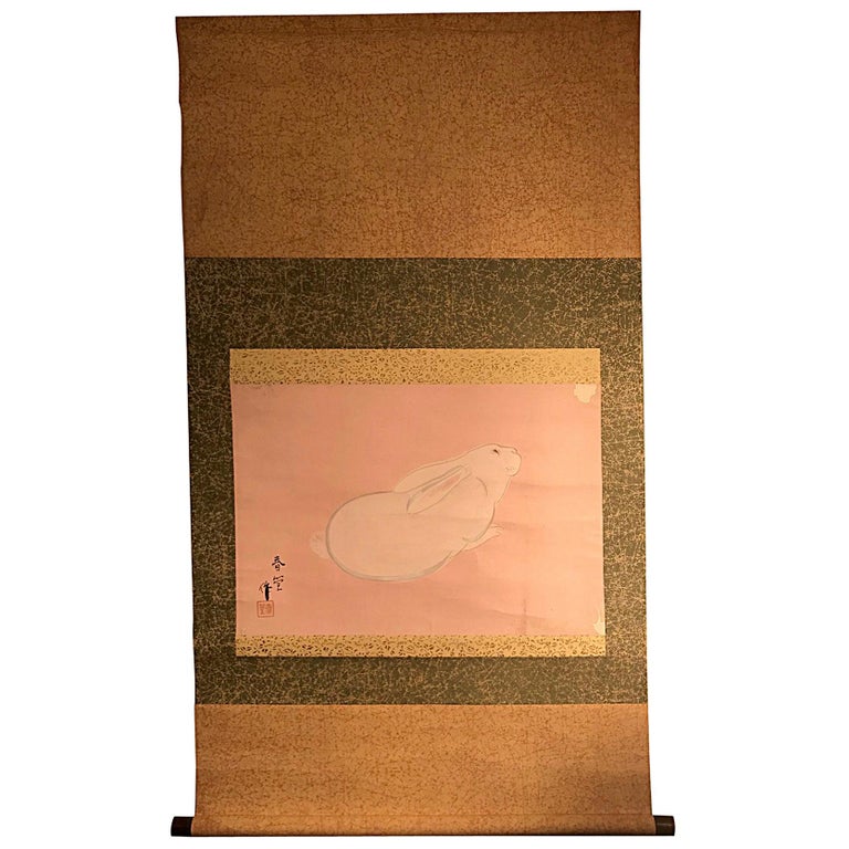 Japan Fine Old Rabbit Scroll, Sumi Ink Colors, Hand-Painted and Signed ...