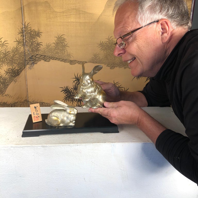 Japan Fine Pair of Big Hand Cast Silver Gold Playful Rabbits at 1stDibs