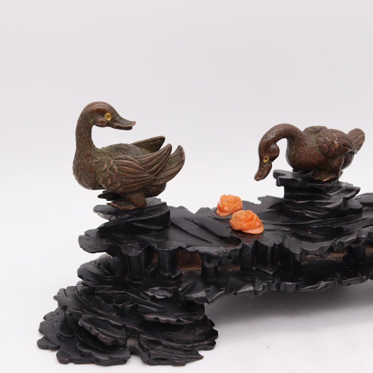 Japan Meiji 1900 Three Bronze Ducks Sculpture In Wood Stand And Coral ...