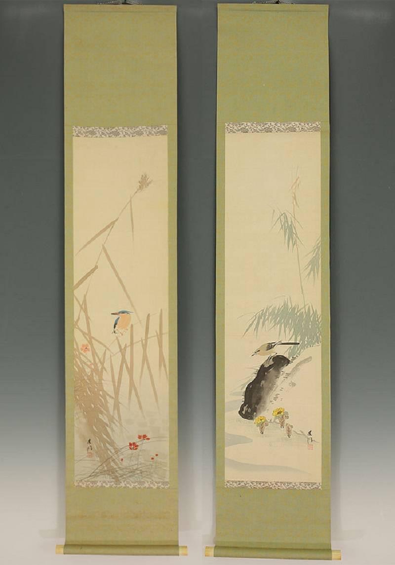 Japan Old Pair of Birds and Flowers Silk Scrolls, Hand-Painted and ...