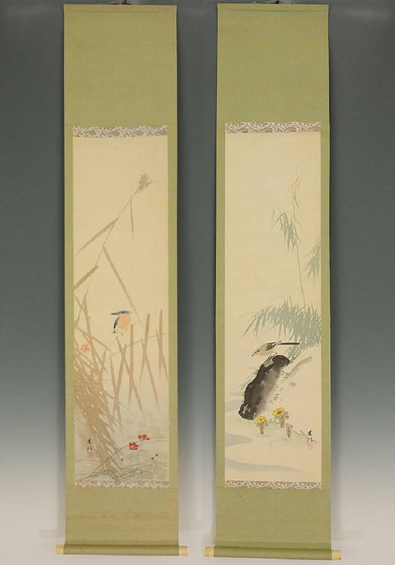 Japan Old Pair of Birds and Flowers Silk Scrolls, Hand-Painted and ...