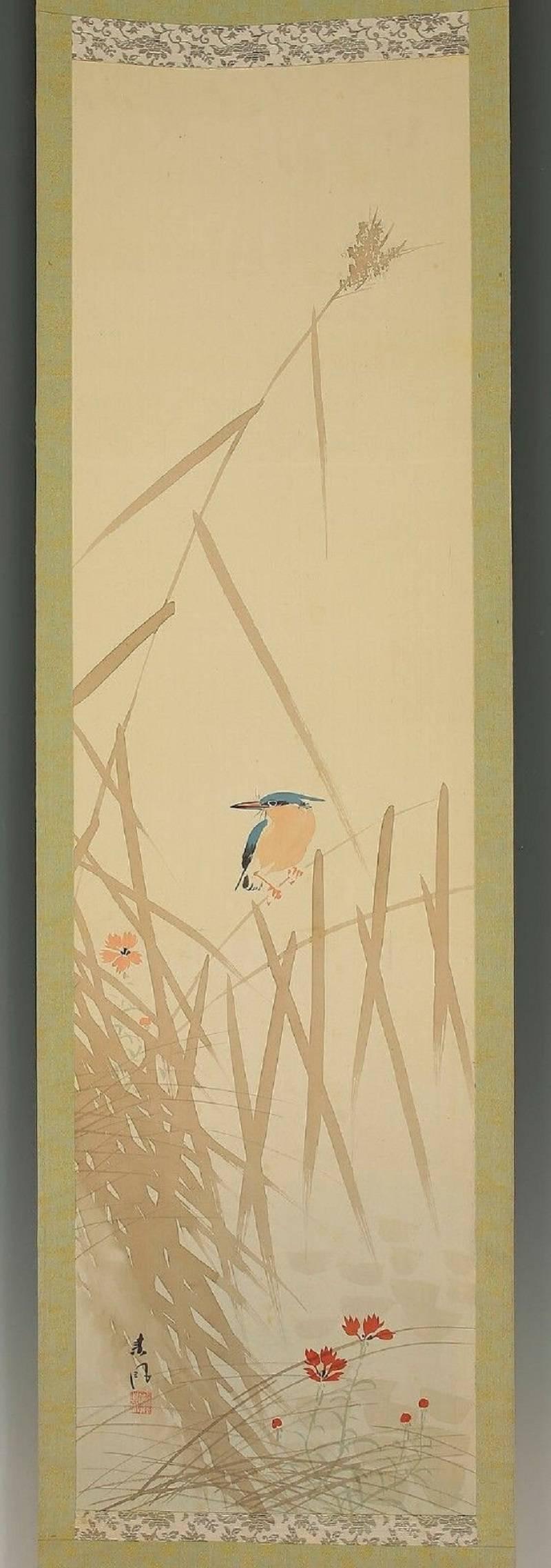 Japan Old Pair of Birds and Flowers Silk Scrolls, Hand-Painted and ...