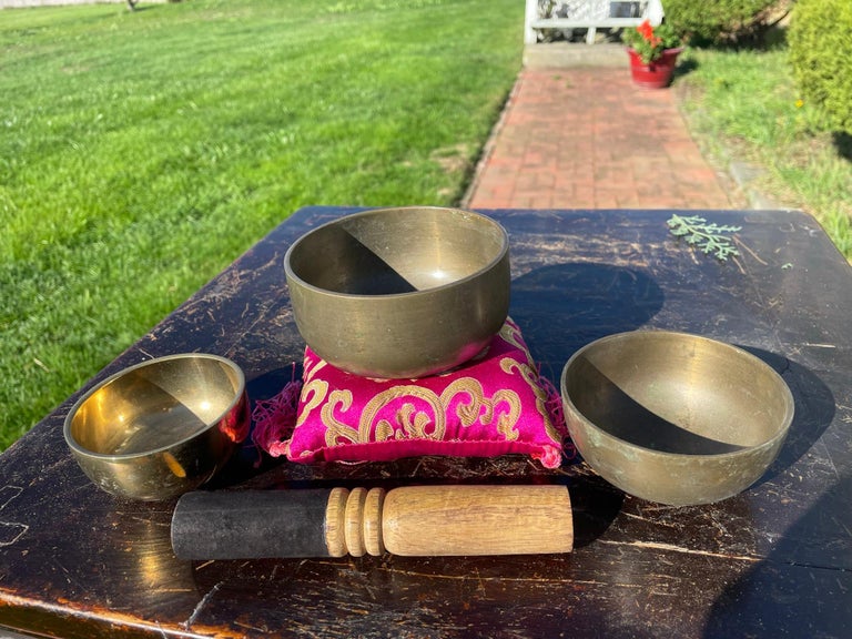 Japan Old Temple Bell Set Three, Silk Cushion, Hardwood Striker ...