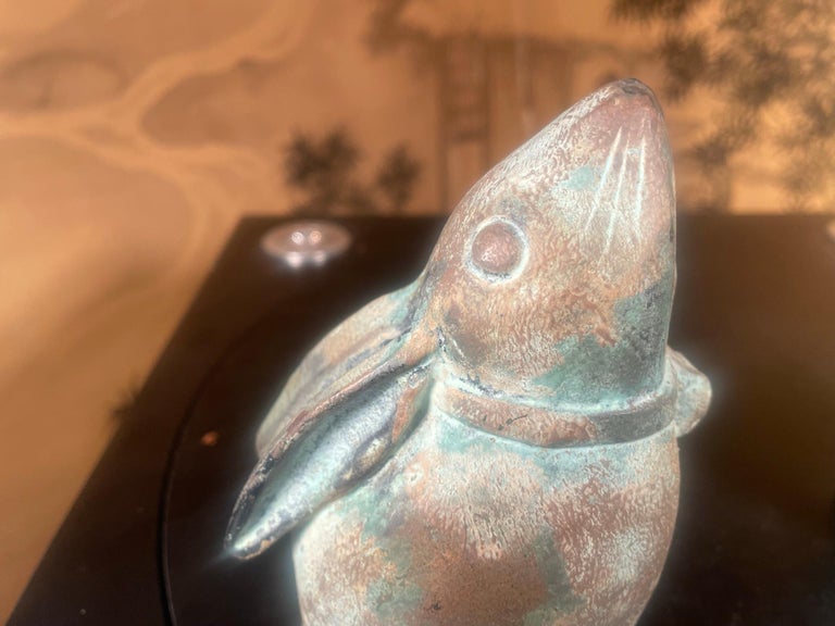 Japan Rare Pair “Moon Gazing" Rabbits Blue Gilt Patina For Sale at 1stDibs