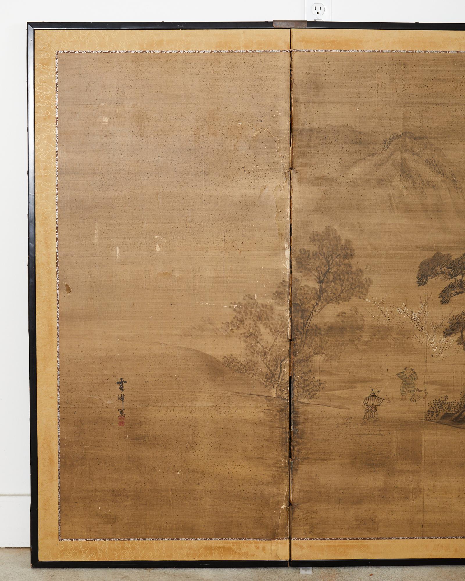 Japanese 19th Century Meiji Six Panel Screen Peasant Landscape For Sale ...