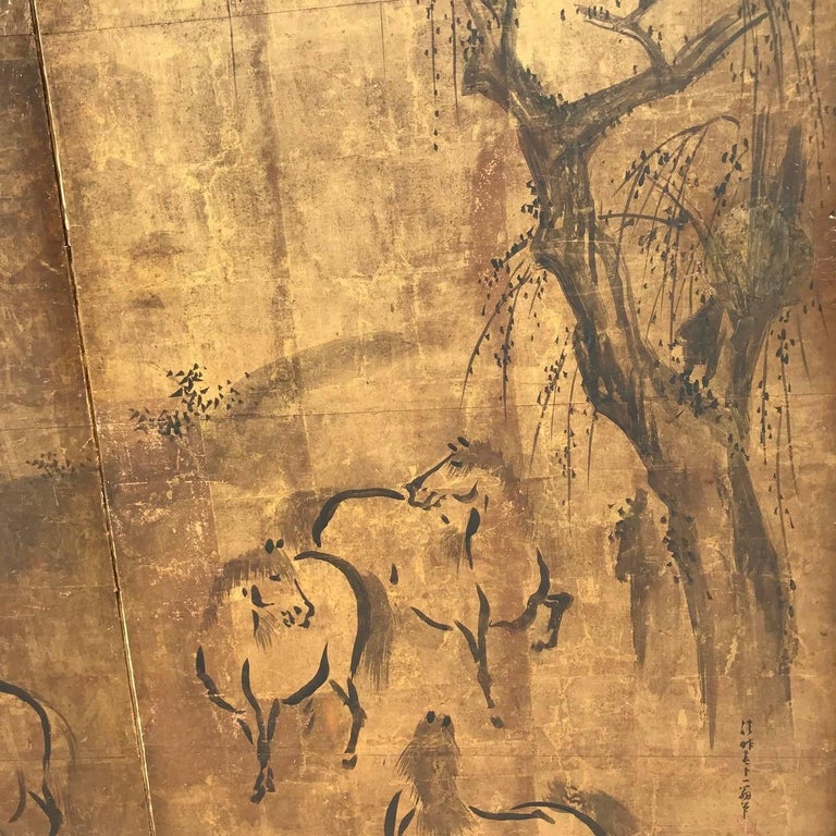 Japanese Antique Ancient Horses Two-Panel Gold Screen, Edo Period, 1800 ...