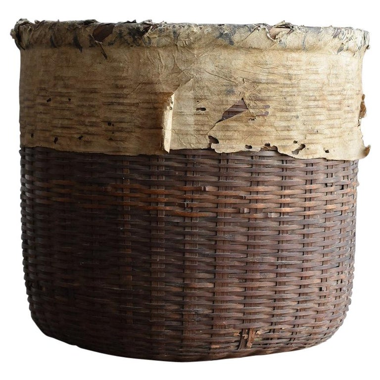 Japanese Antique Bamboo Basket with Japanese Paper / Wabi-Sabi Folk Art ...