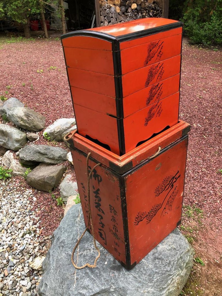 Japanese Big Red Jubako End Table Signed and Hand Painted, Early 20th ...