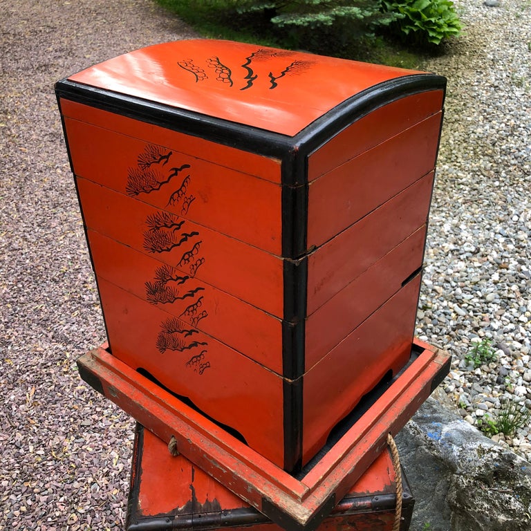 Japanese Big Red Jubako End Table Signed and Hand Painted, Early 20th ...
