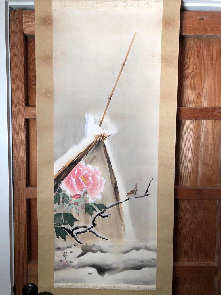 Japanese Antique Tea Ceremony Scroll Peony Flower and Bird at 1stDibs