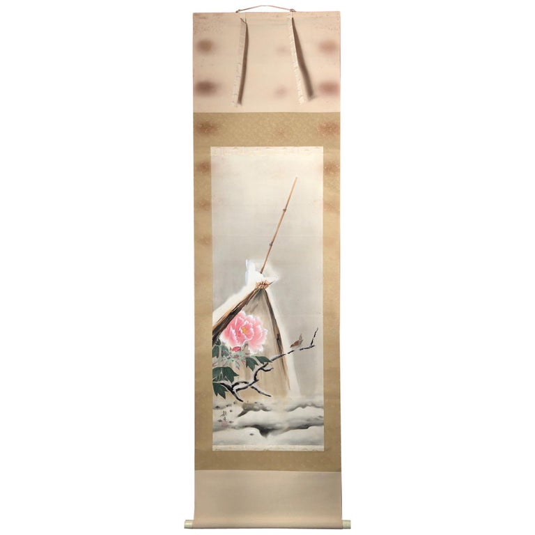 Japanese Antique Tea Ceremony Scroll Peony Flower and Bird at 1stDibs