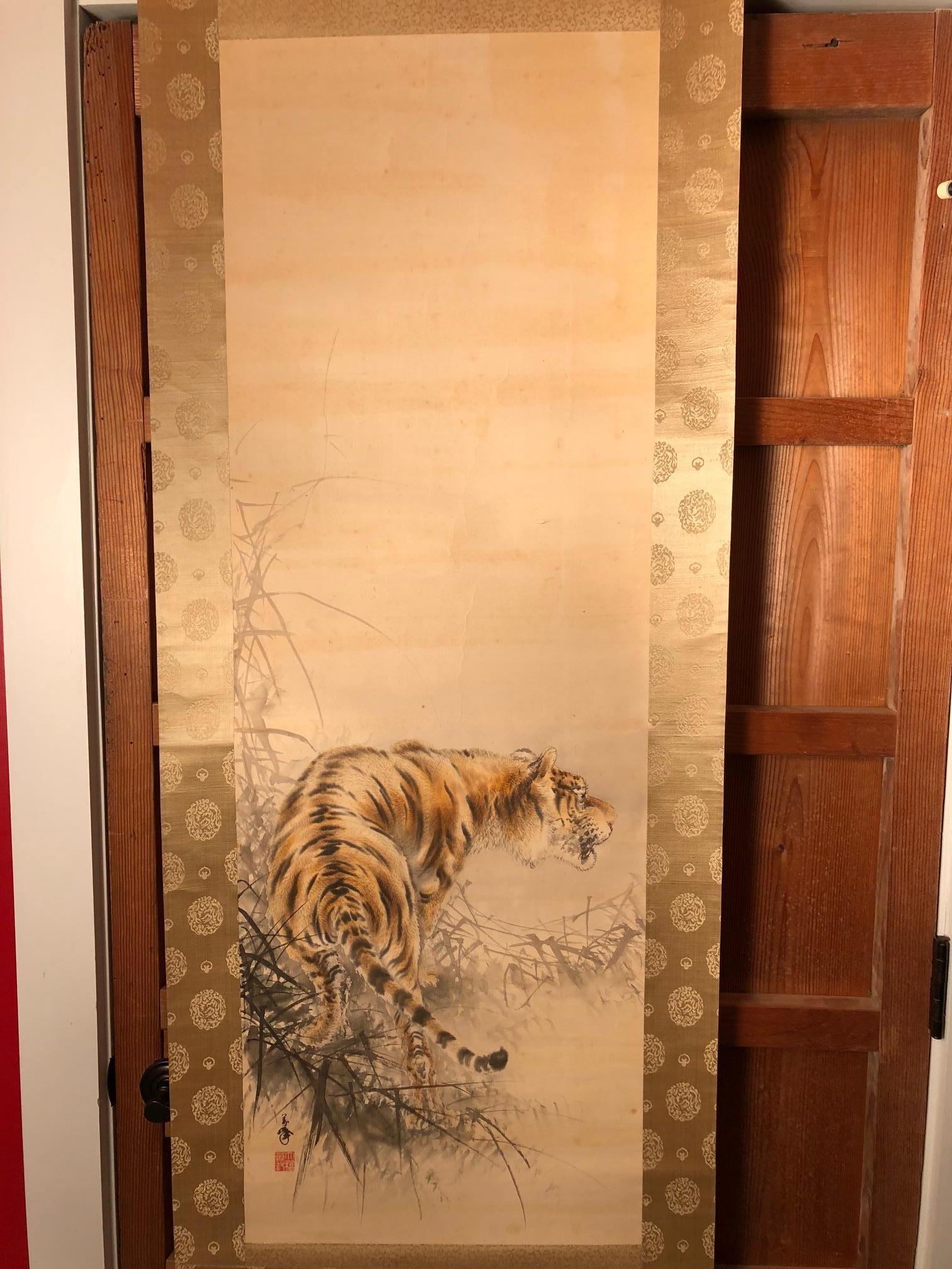 Japanese Antique Bold Hand-Painted Tiger Silk Ceremony Scroll, 19th ...