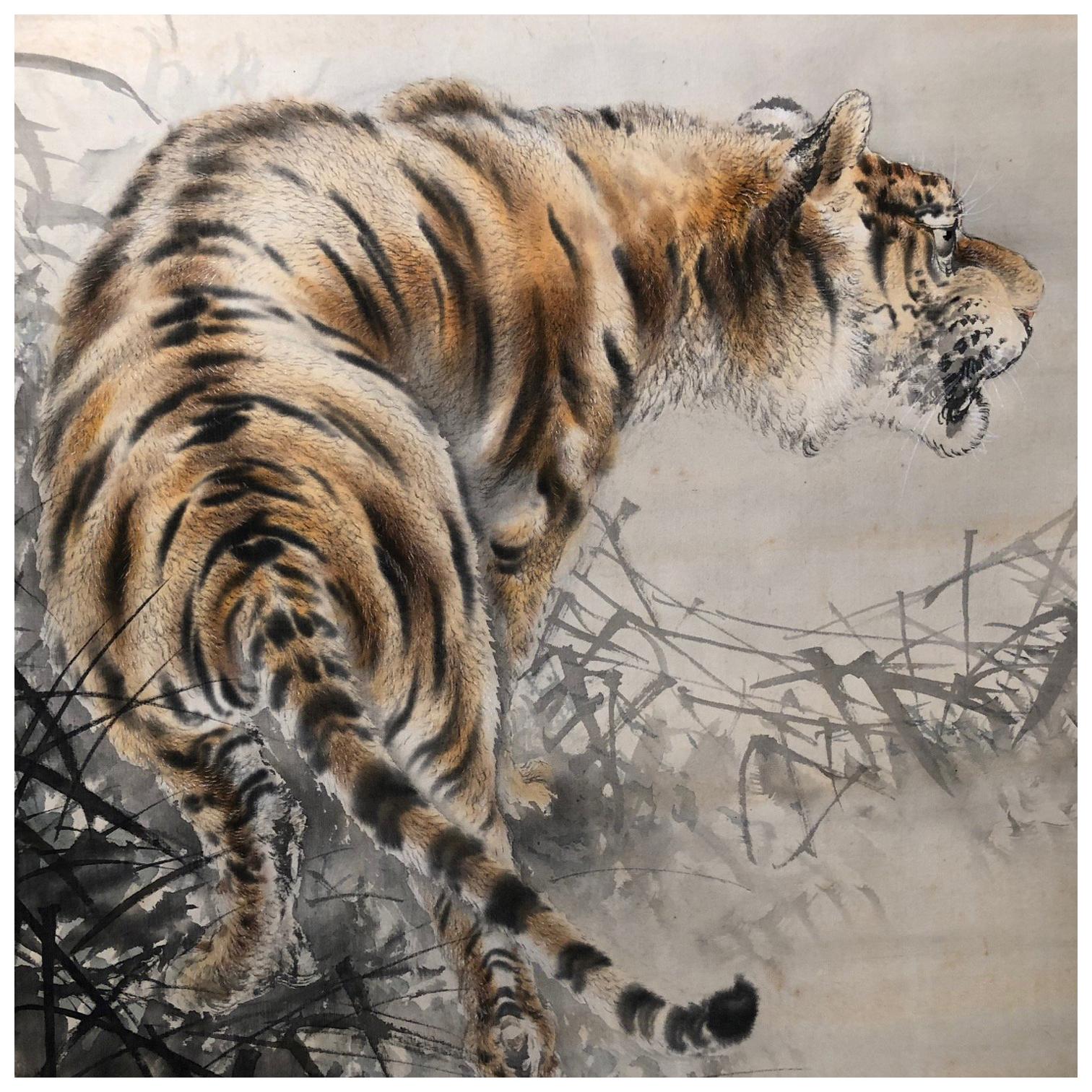 Japanese Antique Bold Hand-Painted Tiger Silk Ceremony Scroll, 19th ...